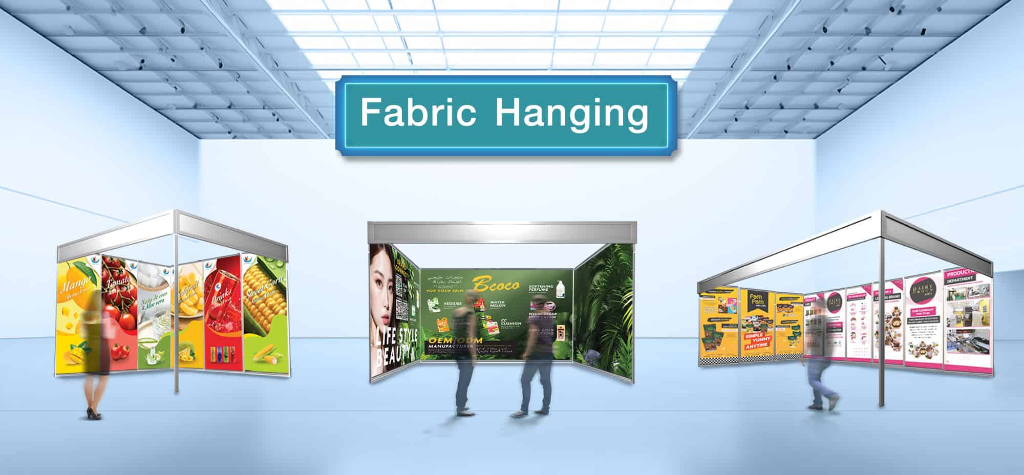 ป้ายแขวนผนังบูธ Hanging Banner พิมพ์ผ้าไร้รอยต่อ